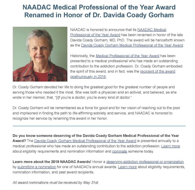 NAADAC Medical Professional Award Renamed - Press Release | Options ...